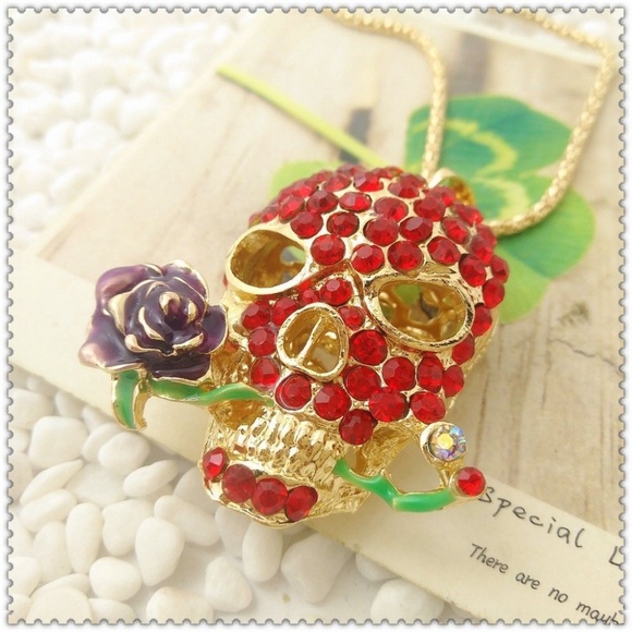 Jewelry | New Red Crystal Skull Rose Goth Chain Necklace | Poshmark